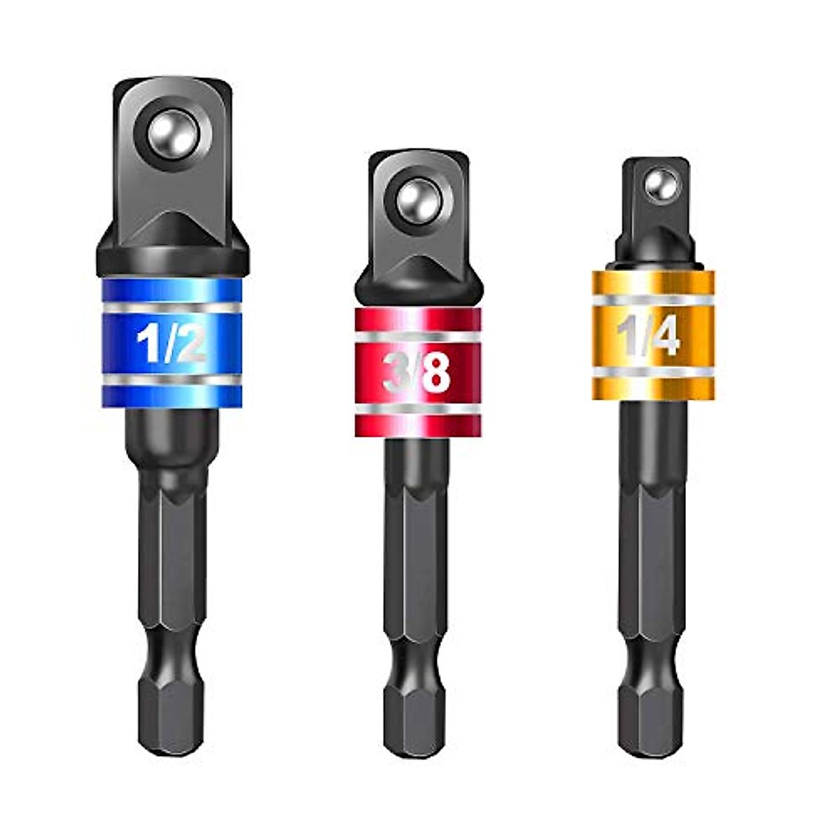 Impact Grade Socket Wrench Adapter Extension Set Turns Power Drill Into High Speed Nut Driver,Hex Shank Bit Square Power Drill Cordless Impact Sockets Bit Set,Sizes 1/4" 3/8" 1/2",Cr-V,Black,3-Piece