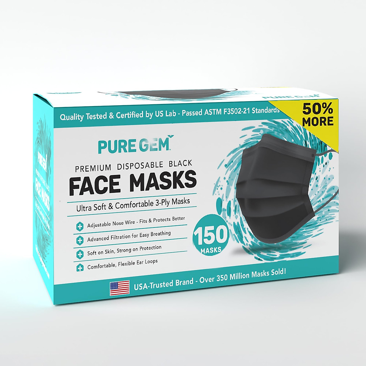 Black Disposable Face Mask, 3-Ply Adult Masks, Facial Cover with Elastic Earloops For Home, Office, School, and Outdoors