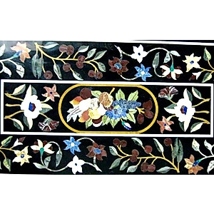 48" x 24" Inch Natural Black Marble Dining Table Pietra Dura Floral Marquetry Patio Table, Outdoor Furniture Table, Italian Style Table