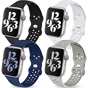 Getino Sport Bands Compatible with Apple Watch Band 40mm 41mm 38mm for Women Men, Cute Stylish Soft Slicone Sport Strap for iWatch SE Series 9 8 7 6 5 4 3 2 1, 4 Pack, Black/White/Dark Blue/Gray