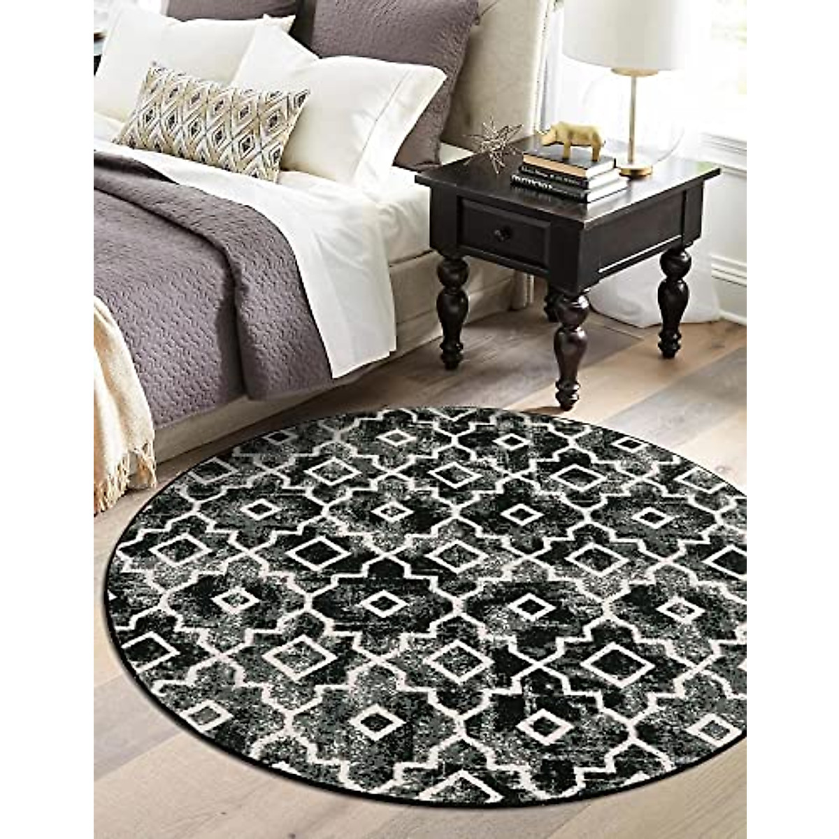 Wonnitar Moroccan Washable Round Rug 5ft Large Black Bedroom Circle Rug Non-Slip Dining Room Table Area Rug Contemporary Entryway Floor Carpet for Living Room Office Entryway (Black,5ft Round)