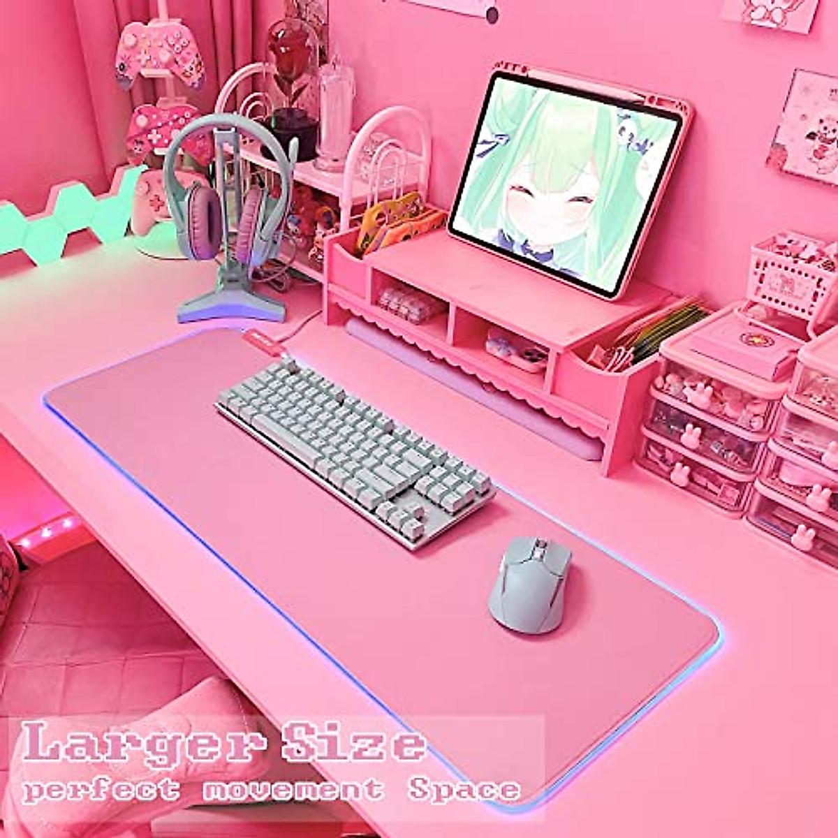 JMIYAV Pink RGB Gaming Mouse Pad 31.5x12 Inch PC XL Large Extended Glowing Led Light Up Desk Pad Non-Slip Rubber Base Computer Mouse Pad Cute Mousepad Mat 31.5x12 Inch Upgrade
