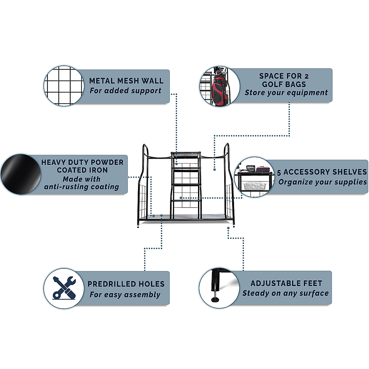 Morvat Golf Organizer Extra Large Double Metal Black Stand Perfect Way to Store & Organize Your Golfing Bags, Clubs, Balls, Gadgets, Accessories & Equipment in Shed, Basement, and Garage