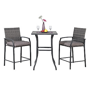 OC Orange-Casual 3-Piece Patio Bar Set, All-Weather Wicker High Top Outdoor Table and Chairs, 2 Height Rattan Bar Stools with Wood Grain Top Coffee Table, for Porch, Garden, Bistro, Grey Cushion