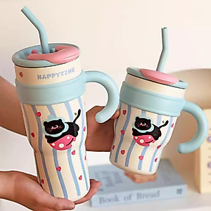 24/40 Oz Cute Dog/Cat Stainless Steel Vacuum Insulated Tumbler with Lid Straw Handle, Cartoon Aesthetic Keep Hot/Iced Spill Proof Coffee Travel Mug (Pink,41 Oz)