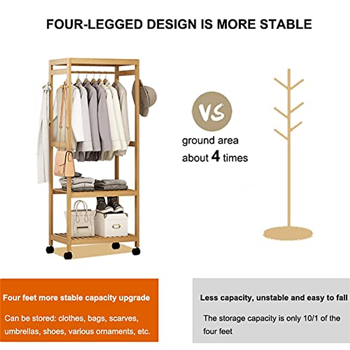YXDFG Bamboo Garment Coat Clothes Hanging Heavy Duty Rack,Portable Rolling Garment Rack with Wheels, with Top Shelf and Shoe Clothing Storage Organizer Shelves,Dark,59×35×165cm