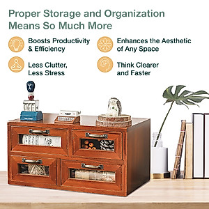 Store and Display Wooden Desk Top Organizer Cabinet - Mahogany Wood Display Chest with 4 See-Through Drawers - Additional Storage for Work Table, Vanity, Dresser Shelf or Kitchen Counter