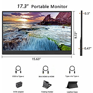 HUIISUOC Portable Monitor 17.3 Inch Ultra Slim Portable Monitor for Computer Display Full HD 1080P IPS Screen 178°Full View. USB C Monitor with HDMI for Laptop/Computer/Smart Phone/Xbox/PS4