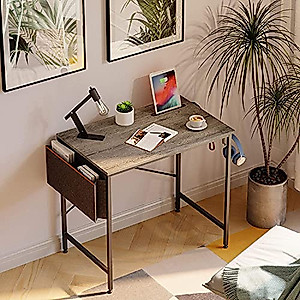 Bestier Computer 32 Inch Modern Mini Style Office Desk with Adjustable Metal Frame, Storage Bag, and Working Table for Small Bedroom Space, Grey