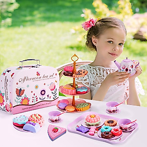 MAMPO 46PCS Tea Set for Little Girls, Princess Tea Time Pretend Kitchen Toy with Biscuits, Teapot, Cake, Dessert, Carrying Case, Donut for Kids Girls Boys