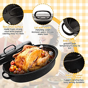 Tessco Roasting Pan 14.5 Inch Enamel Oval Turkey Roasting Pan with Lid 4.8 Quart Non Sticky Safe Spot Black Roaster Pot for Thanksgiving Gift Baking Turkey Cookware