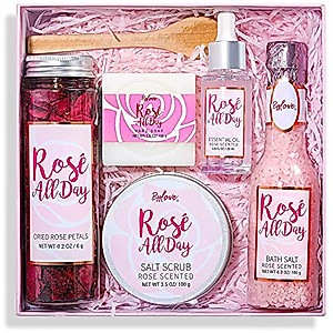 BFF LOVE 6Pcs Spa Gifts for Women, Bath Gift Set, Rose Gift Baskets for Women, Spa Kit with Essential Rose Oil, Bath Salt, Soap, Natural Petals, Mothers Day Gifts for Her