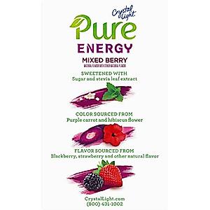 Crystal Light Pure Energy Mixed Berry Drink Mix with Caffeine, 48 ct Pack, 8 Boxes of 6 Packets