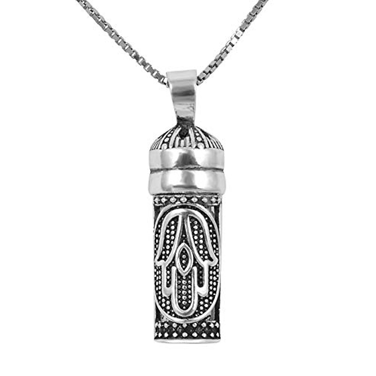 AJDesign Mezuzah Necklace for Men or Women in 925 Sterling silver Shema Yisrael, Chamsa, Hebrew Chai, Holyland Sand, Menorah (Open - My Fire Hamsa, 20 Inches Chain)