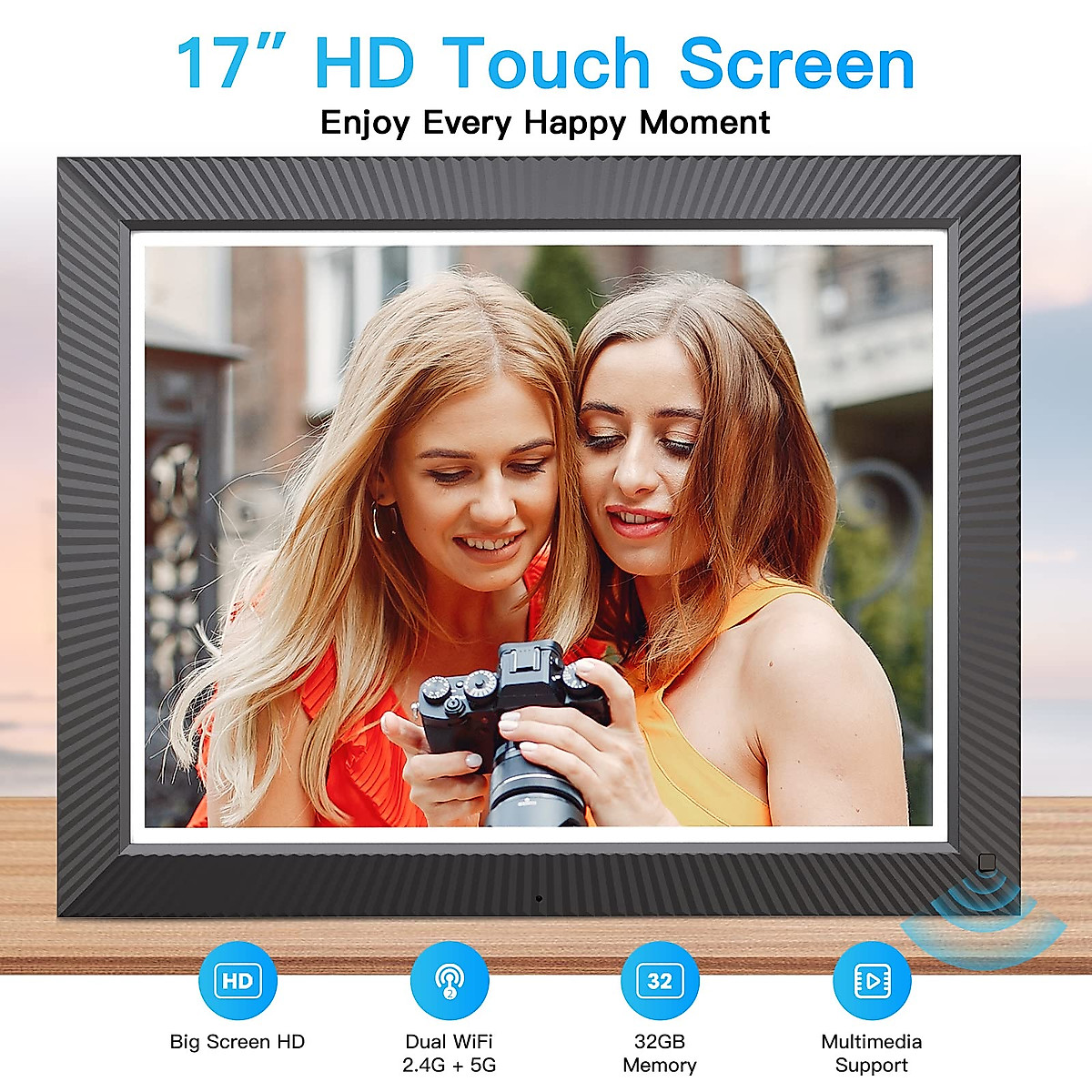 17-inch Smart Digital Picture Frame - FULLJA WiFi Digital Photo Frame with Touch Screen, Wall Mountable, 32GB, Motion Sensor, Unlimited Cloud Storage, Best Gifts for Loved Ones