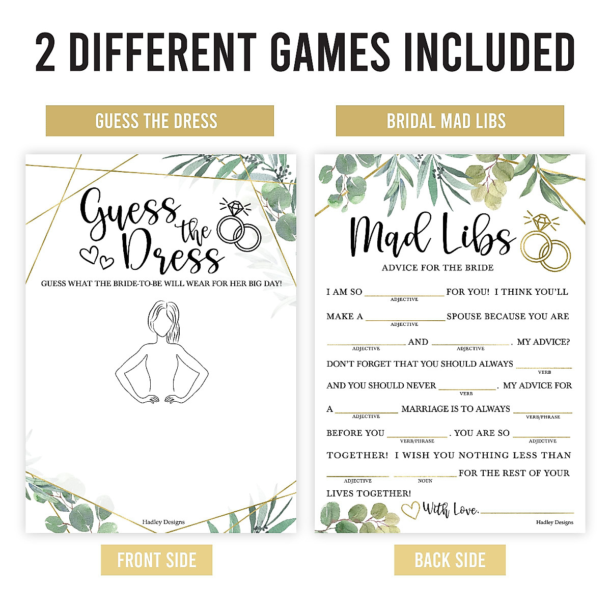 Hadley Designs 20 Greenery Bridal Shower Games For Guests - Hilarious Bridal Shower Games 20 Guests, Couples Wedding Shower Games, Guess The Dress Set, Advice Cards For Bridal Shower Mad Libs