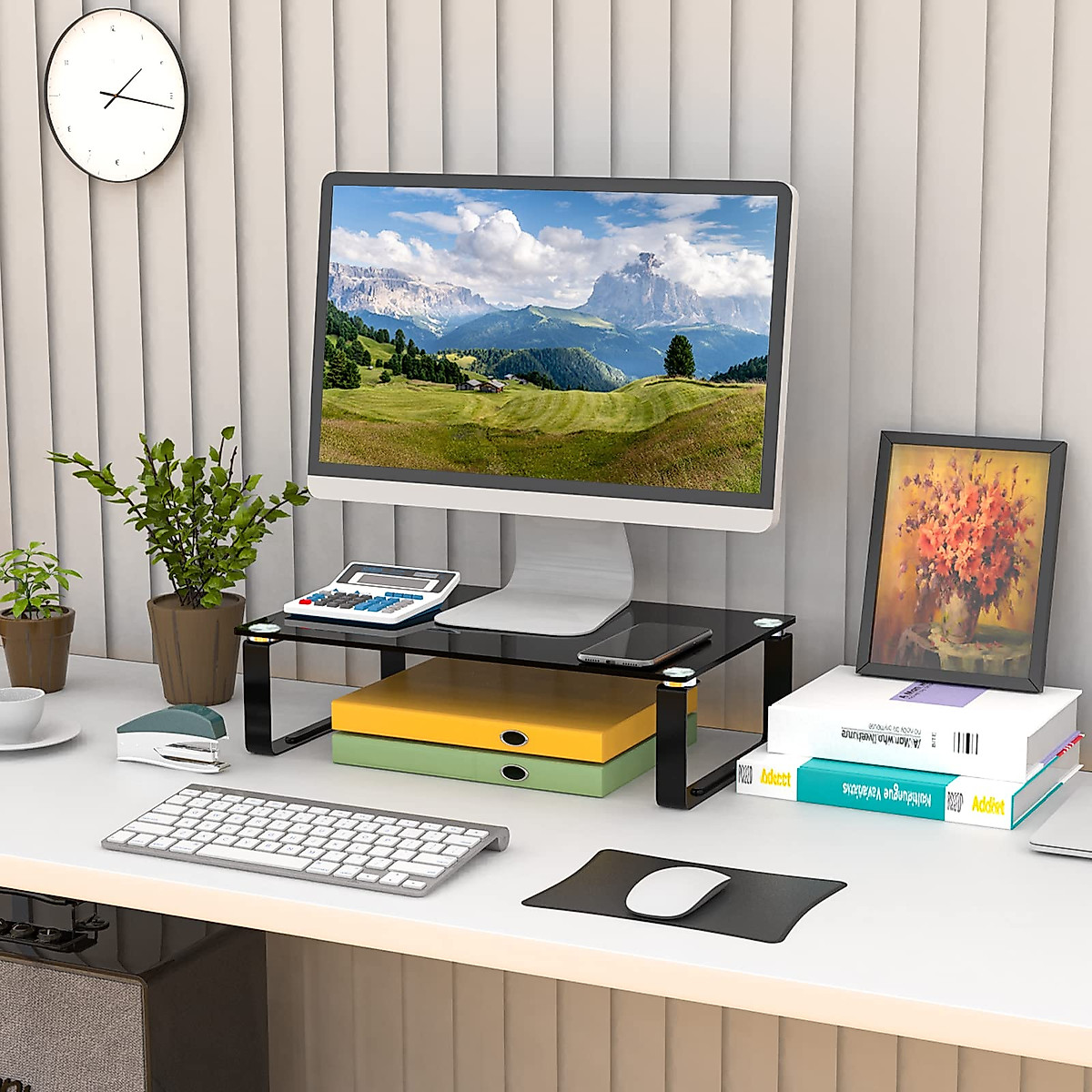 WALI Clear Computer Monitor Stand Riser,Tempered Glass Monitor Riser Heavy Duty 88lbs Monitor Stand for Desk for Laptop, Keyboard, Computer, Printer 5.7 X 9.4 inch (GTT006-B), Black