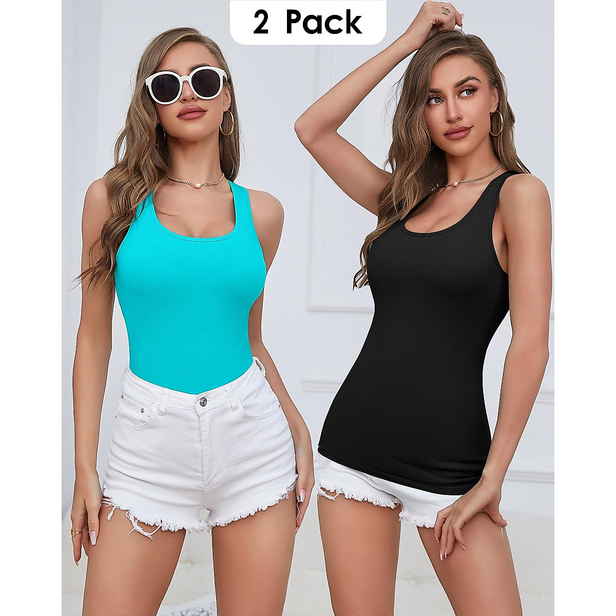 beautyin Tank Tops for Women with Built in Bra Racerback Camisole 2 Pack Aqua L
