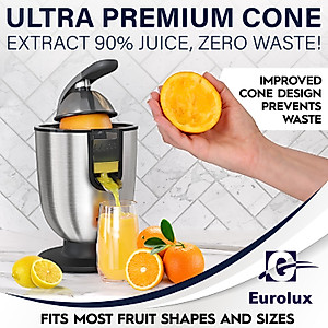 Eurolux Electric Citrus Juicer Squeezer, for Orange, Lemon, Grapefruit, Stainless Steel 160 Watts of Power Soft Grip Handle and Cone Lid for Easy Use (ELCJ-1700S)
