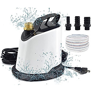 AgiiMan Pool Cover Pump, 1100 GPH Submersible Water Sump Pump for Pool Draining with Adjustable Filter, 16' Drainage Hose and 25' Power Cord, 4 Adapters, White