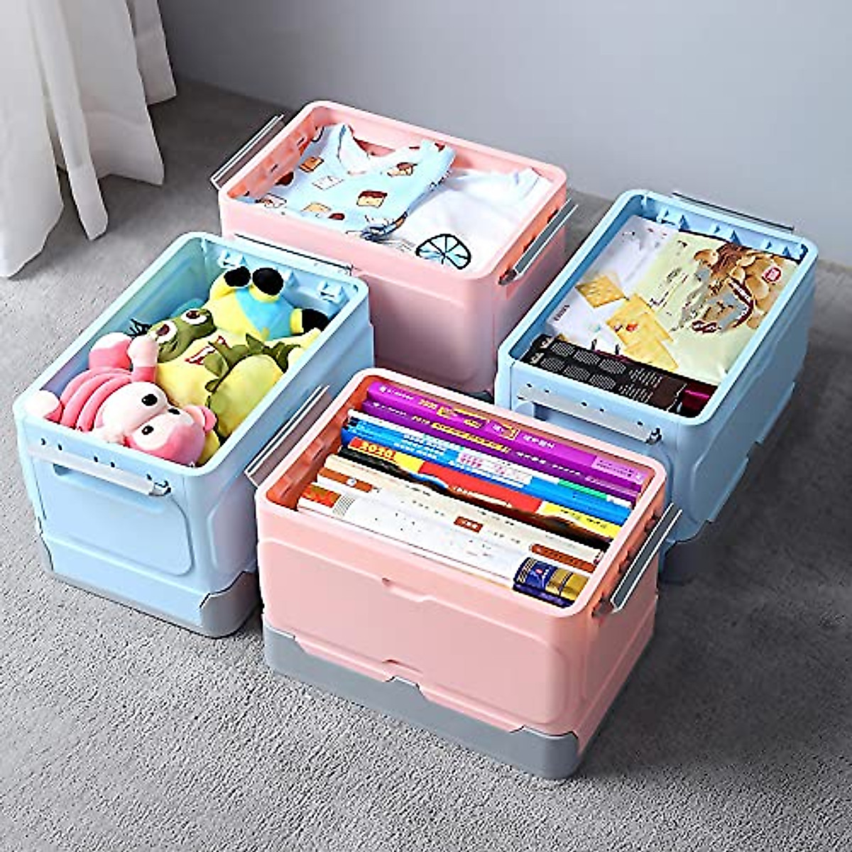 Collapsible Storage Bins with Lid&Handle Stackable Organizer Bins, Blue, 2 Pack