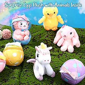 Skylety 4 Packs Easter Egg Stuffed Animals 6 Inch Easter Eggs Filled with Llama Unicorn Chick Rabbit Plush Inside for Easter Basket Stuffers Presents Exchange Party Favors Gifts