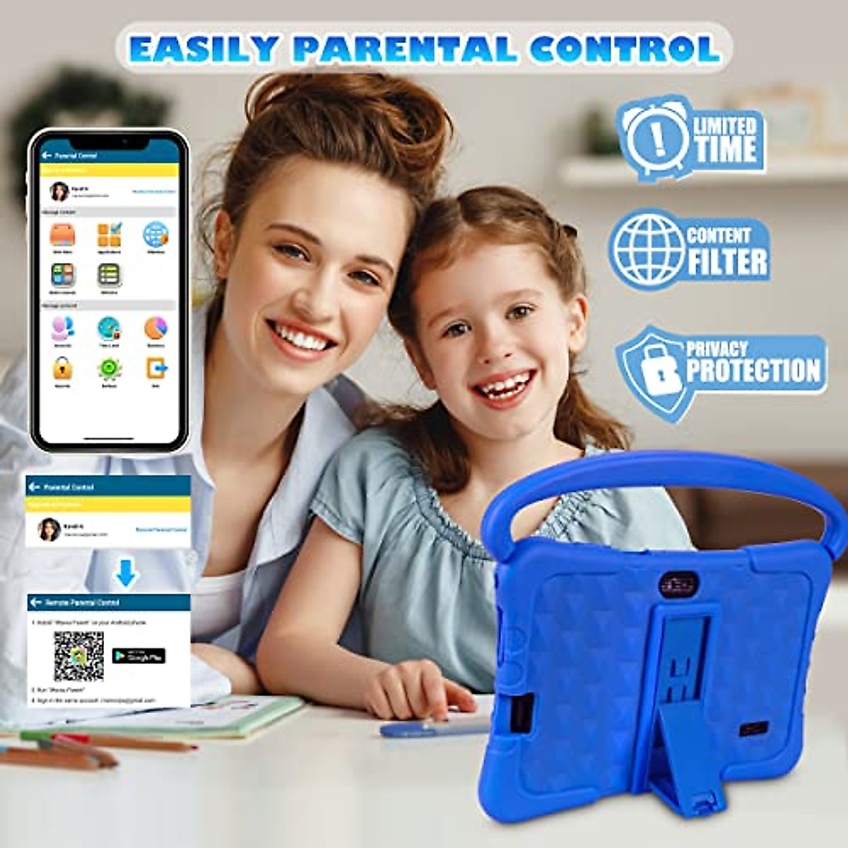Tablet for Kids, Kids Tablet, 7 Inch Kids Tablets 32GB ROM 3GB RAM Android11 Tablet for Kids 3-14 with 2.4G Wifi, Gms, Eye Protection, Educational, Parental Control, Tablet with Silicone Case blue