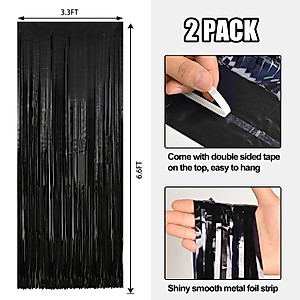 2 Pack Black Metallic Tinsel Foil Fringe Curtains Party Photo Backdrop Party Streamers for Birthday,Graduation,New Year Eve Decorations Wedding Decor