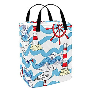 Seagull Lighthouse Wheel Wave Sea Ocean Pattern Print Collapsible Laundry Hamper, 60L Waterproof Laundry Baskets Washing Bin Clothes Toys Storage for Dorm Bathroom Bedroom