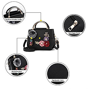 Dayfine Women Purse Top Handle Handbags PU Leather 3D Floral Inlay Satchel Bag Shoulder Crossbody Bags Ladise Medium Tote Bag with Hair Ball Pendant -Blue