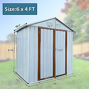 Zevemomo 6 x 4 ft Outdoor Storage Shed, All Weather Metal Shed with Metal Foundation & 2 Lockable Doors, Tool Shed Outdoor Storage for Garden, Patio, Backyard, Lawn, White and Yellow