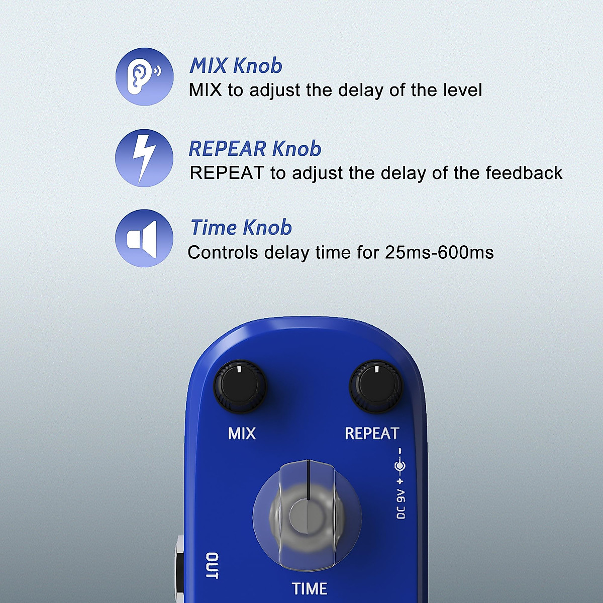 AZOR Delay Guitar Effect Pedal Vintage Delay Mini Pedal with Guitar Pedal Power Cable,9V Battery Clip Converter Power Cable