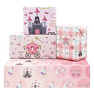 Pink Gift Wrapping Paper, 4 Folded Sheets Kraft Birthday Wrapping Paper Castle Carriage Fairy Tales Princess Magical Gift Wrap Paper 20x28 inch for Girl Women Birthday Party Baby Shower Christmas