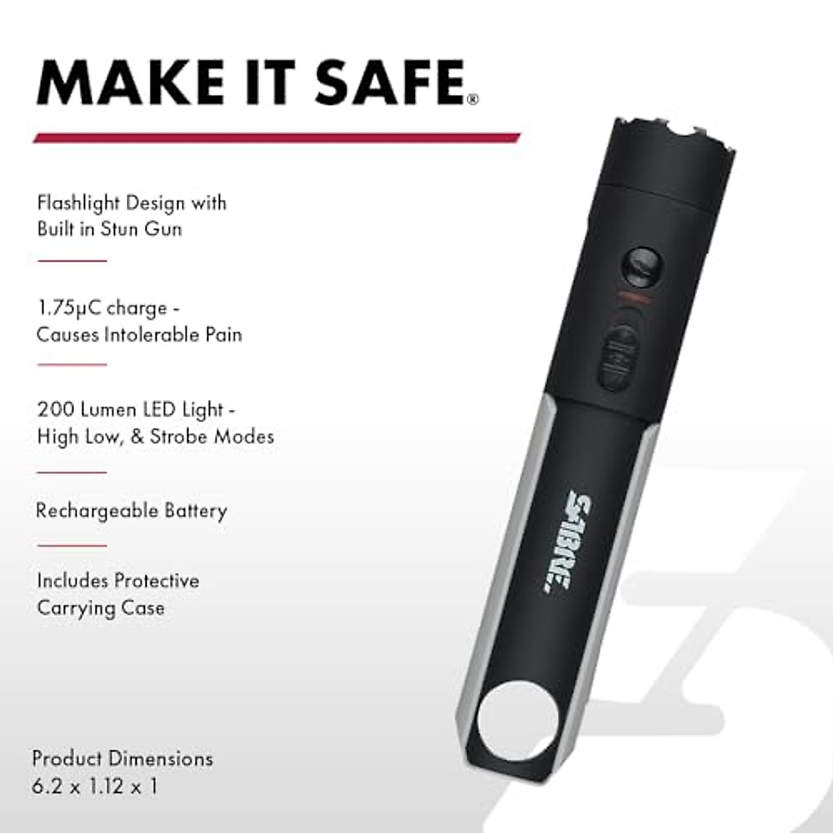 SABRE 2-in-1 Flashlight Design with Built-in Stun Gun, Powerful 1.76 µC Charge, 200 Lumen LED with 3 Modes; High, Low and Strobe, Rechargeable Battery, Hard Case and USB-C Charging Cord Included
