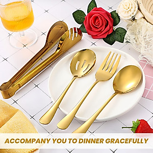 Patelai Stainless Steel Serving Utensils Large Serving Spoon Set 9.45 Inch Metal Tongs 9 Inch Serving Forks 8.7 Inch Slotted Spoons and Serving Spoon Kitchen Wedding Party(Gold, 8 Pieces)