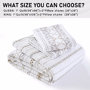 PERHOM 100% Cotton Quilt Queen Size - 3 Pieces Boho Striped Lightweight Soft Breathable Beige Gray White Bedding Set with 2 Shams, Bohemian Pattern Printed Bedspread/Coverlet/Comforter for All Season