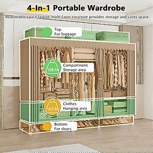 Dtkfrhnip 81 Inch Portable Closet Wardrobe, Foldable Closet with Gray Stripes Cover, Clothes Closet Storage Organizer with Hanging Rail Shelves, Quick and Easy to Assemble, Strong and Durable