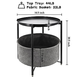 QEWEEQ Nightstand Set of 2, Round End Tables with Fabric Storage Basket, Metal Side Table Small Bedside Table with Removable Tray Top for Living Room, Bedroom, Nursery, Laundry, Black
