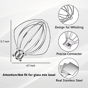K45WW Stainless Steel Wire Whip for KitchenAid Artisan Series Tilt-Head Mixer 5 Quart Bowl, 6 Wire whisk Fits for Artisan Mixer, Heavy Duty, Dishwasher Safe, Balloon Whisk