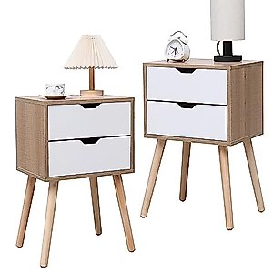 vipace Set of 2 Nightstand,Mid-Century End Side Table with 2 Drawer and Solid Wood Legs, Bedside Table for Bedrooms, Modern Storage Cabinet for Living Room Furniture (Natural)