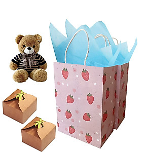 BaShiDer Strawberry Gift Bags 5.9x8.26x3.15-inch Strawberry Party Favor Bags 16Pcs Paper Bags with Handles for Party Favors(Strawberry-Pink)