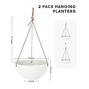 LaDoVita Large 10 Inch Hanging Planters Indoor with Pot, Hanging Pots for Plants, Outdoor Hanging Baskets, Hanging Flower Pot with Drainage Hole, Set of 2, Frosted White