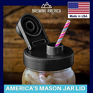 Brewing America Mason Jar Cold Brew Coffee Maker Infuser: Made in USA Wide Mouth Mason Jar with Screw Top Pour Lid, Stainless Steel Filter for Delicious Coffee, Tea, Alcohol - 1 Quart 32 oz Black Lid
