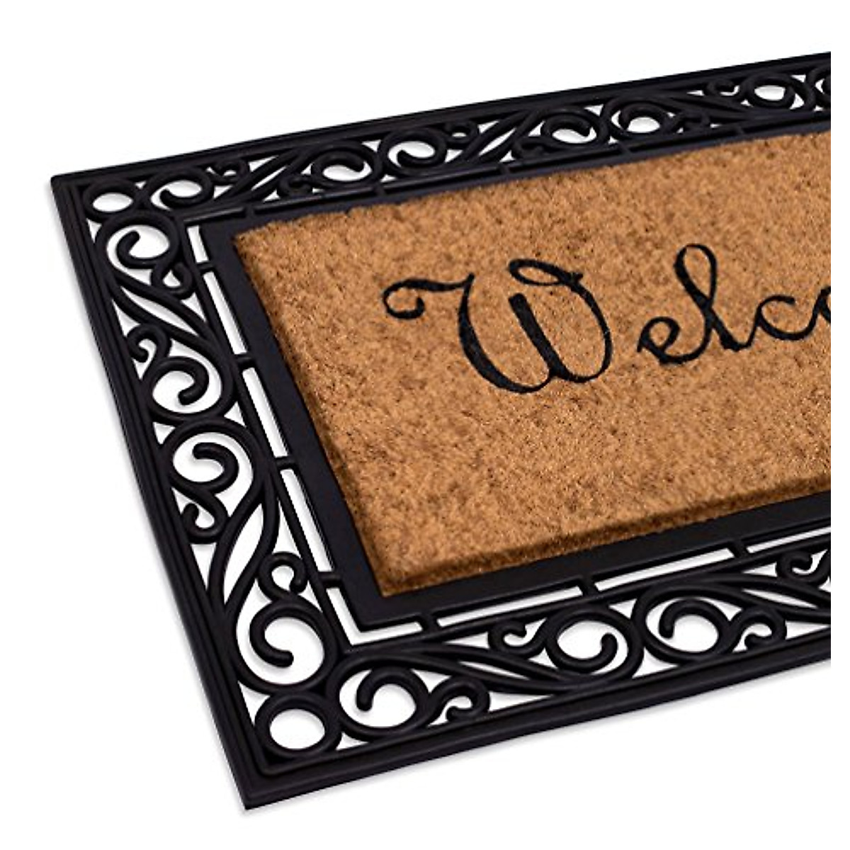 BirdRock Home Classic Welcome Brush Coir Doormat with Black Rubber Scroll Border, 24 x 36 Inch - Elegant Design