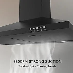 Hermitlux Range Hood 30 inch, Wall Mount Vent Hood for Kitchen with Charcoal Filter, Ducted/Ductless Convertible, Black