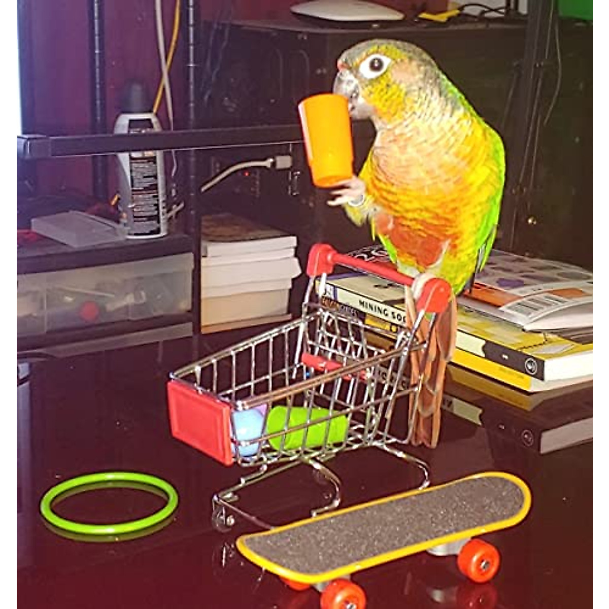 ActionEliters Bird Toys for Parakeets, 6pcs Parrot Toys Set with Bird Basketball Toy, Bird Skateboard, Bird Trolley, Bird Ring Bucket Toys, Parakeet Toys for Bird Training Toys