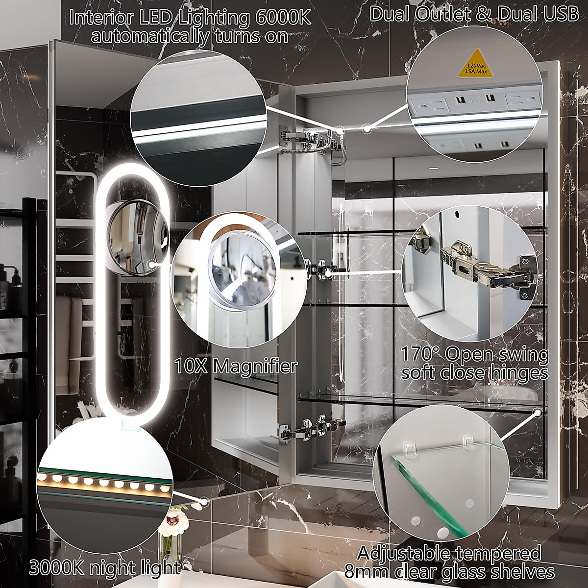 24 x 36 Lighted Medicine Cabinet with Mirror, Front & Backlit led Medicine Cabinet, Clock Temp Display, Defog,10x Magnifier, 3 Colors Temper Dimmable, Surface or Recessed Mount, Hinge on The Right