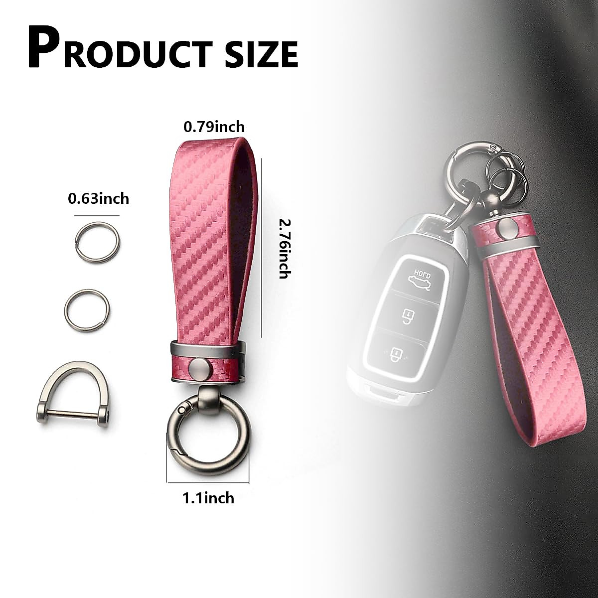 Kewucn Carbon Fiber Style Car Key Chain, Premium Leather Auto Key Fob with 360 Degree Rotatable and Anti-Lost D-Ring (Pink)