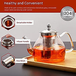 Glass Teapot, 40oz/1200mL Glass Kettle with Removable Stainless Steel Infuser for Blooming Tea & Loose Leaf Tea, Gooseneck Tea Pot, Microwave & Stovetop Safe, Gift Box for Tea Maker