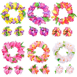 FUTUREPLUSX Hawaiian Leis, 48PCS Hawaiian Party Necklace Headbands and Wristbands for Hawaiian Luau Decoration Tropical themed Party